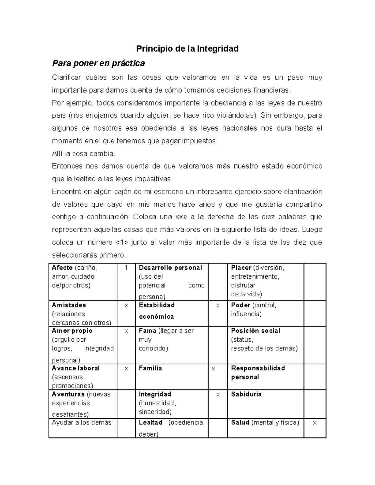 Principio de la Integridad: Reflexiones y Ejercicio Práctico - Studocu
