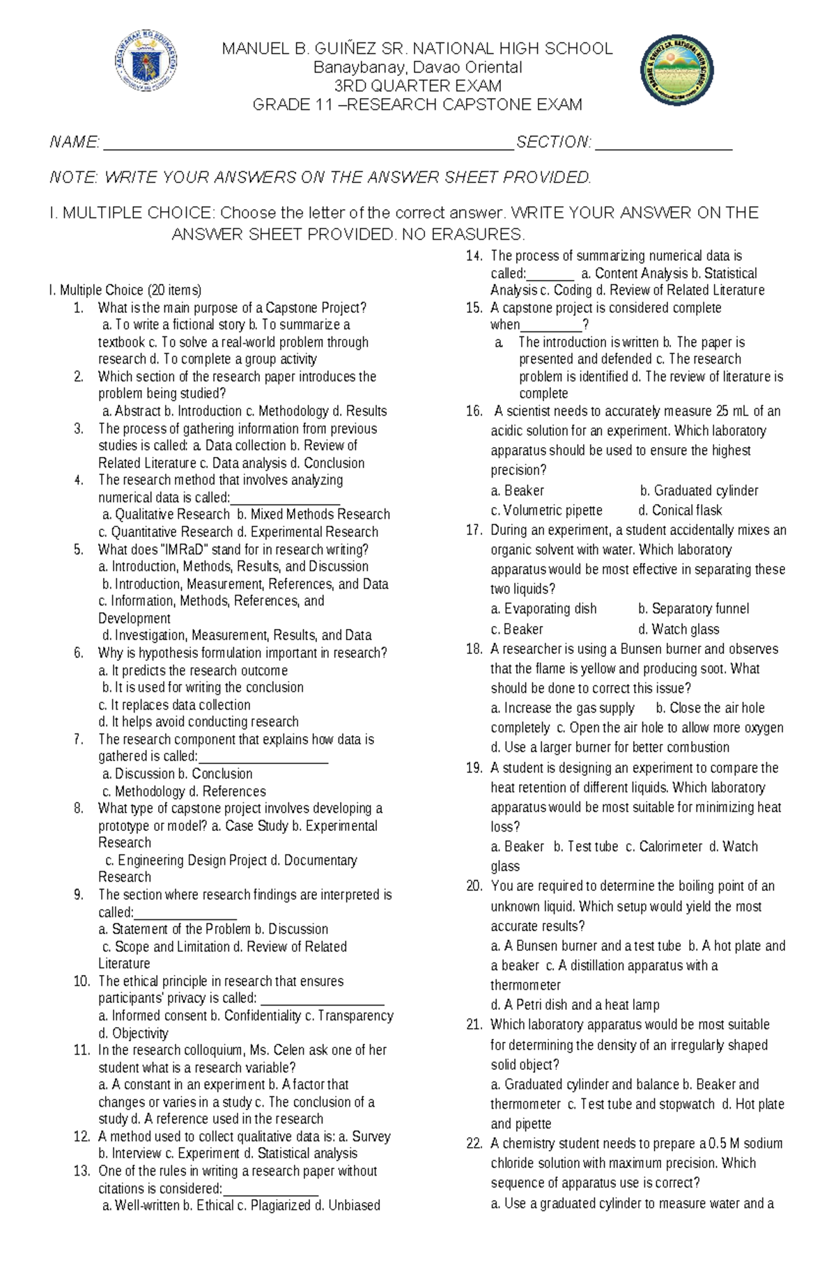 Q3- STEM GRADE 11 CAPSTONE EXAMINATION GUIDE - Studocu