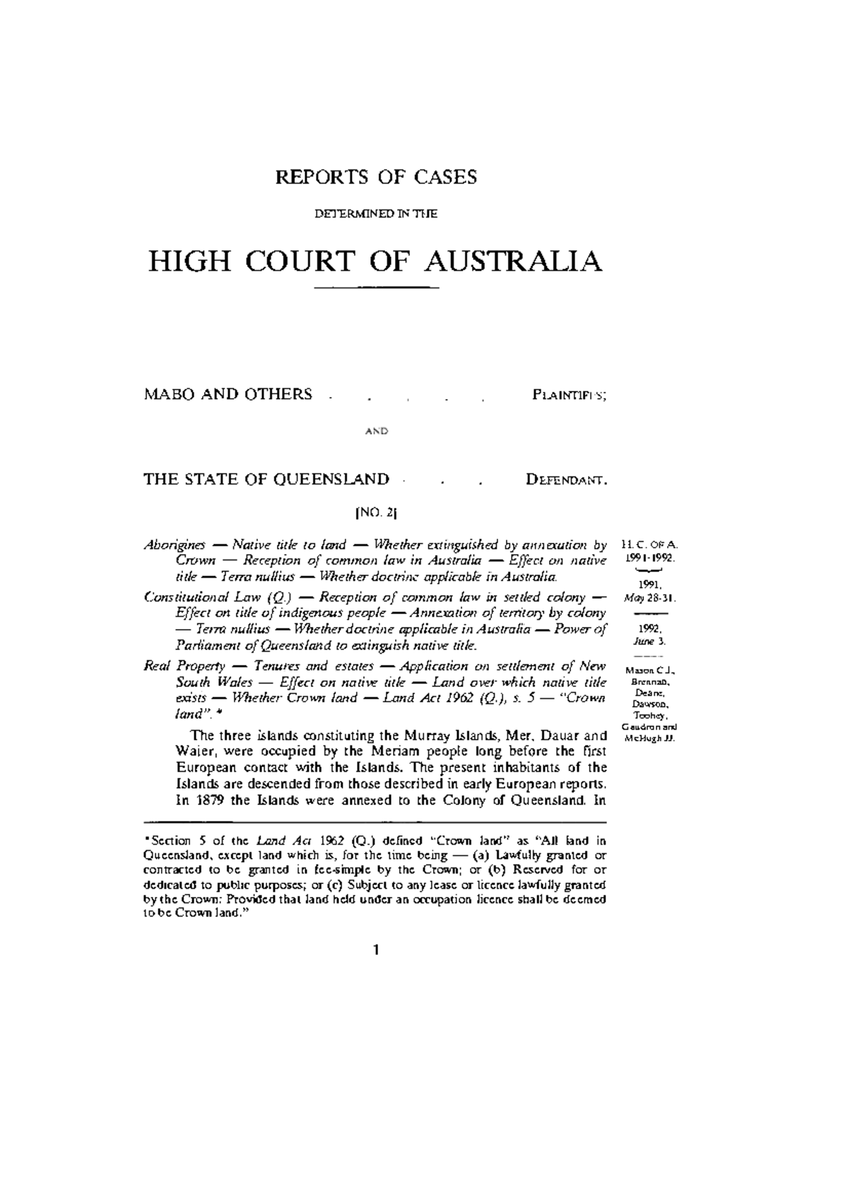 Reading 04: Mabo v Queensland (No 2) - High Court Case Analysis - Studocu