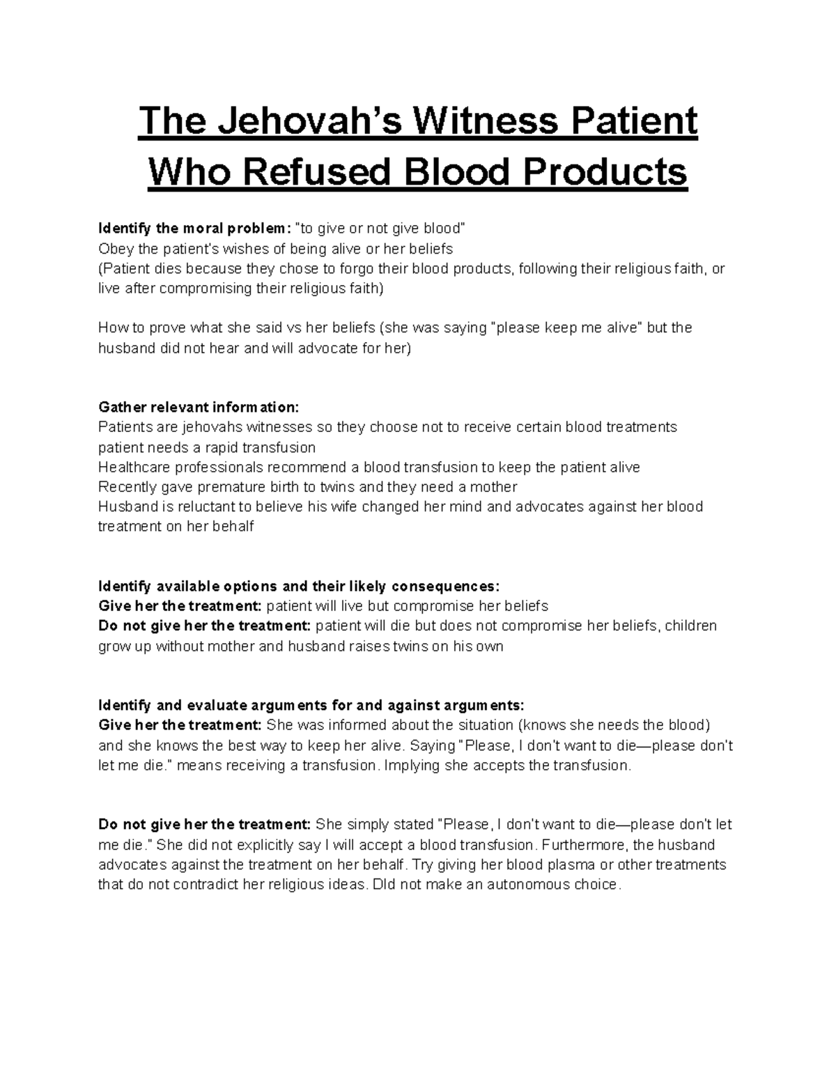 Healthcare Ethics Case Study: Jehovah’s Witness Blood Refusal - Studocu