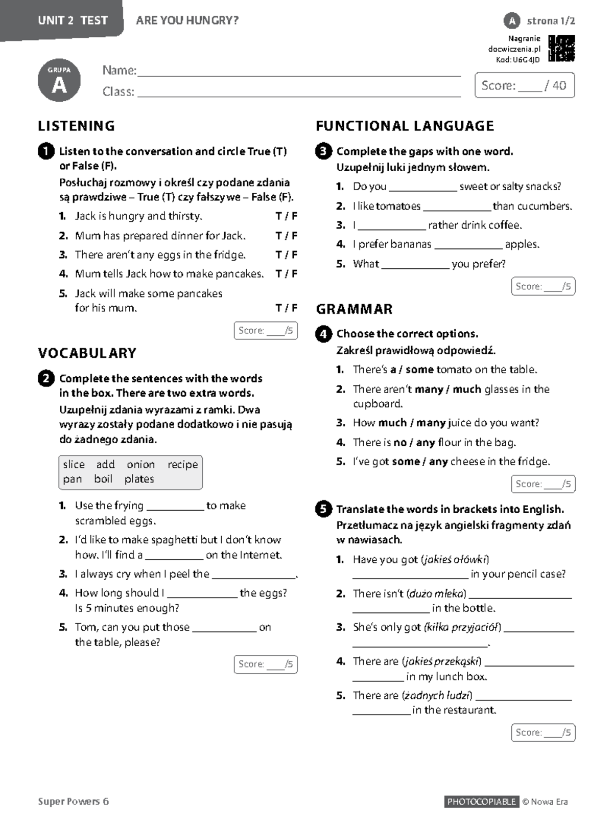 L30552 Unit 2 Test: Are You Hungry? - Super Powers 6 - Studocu