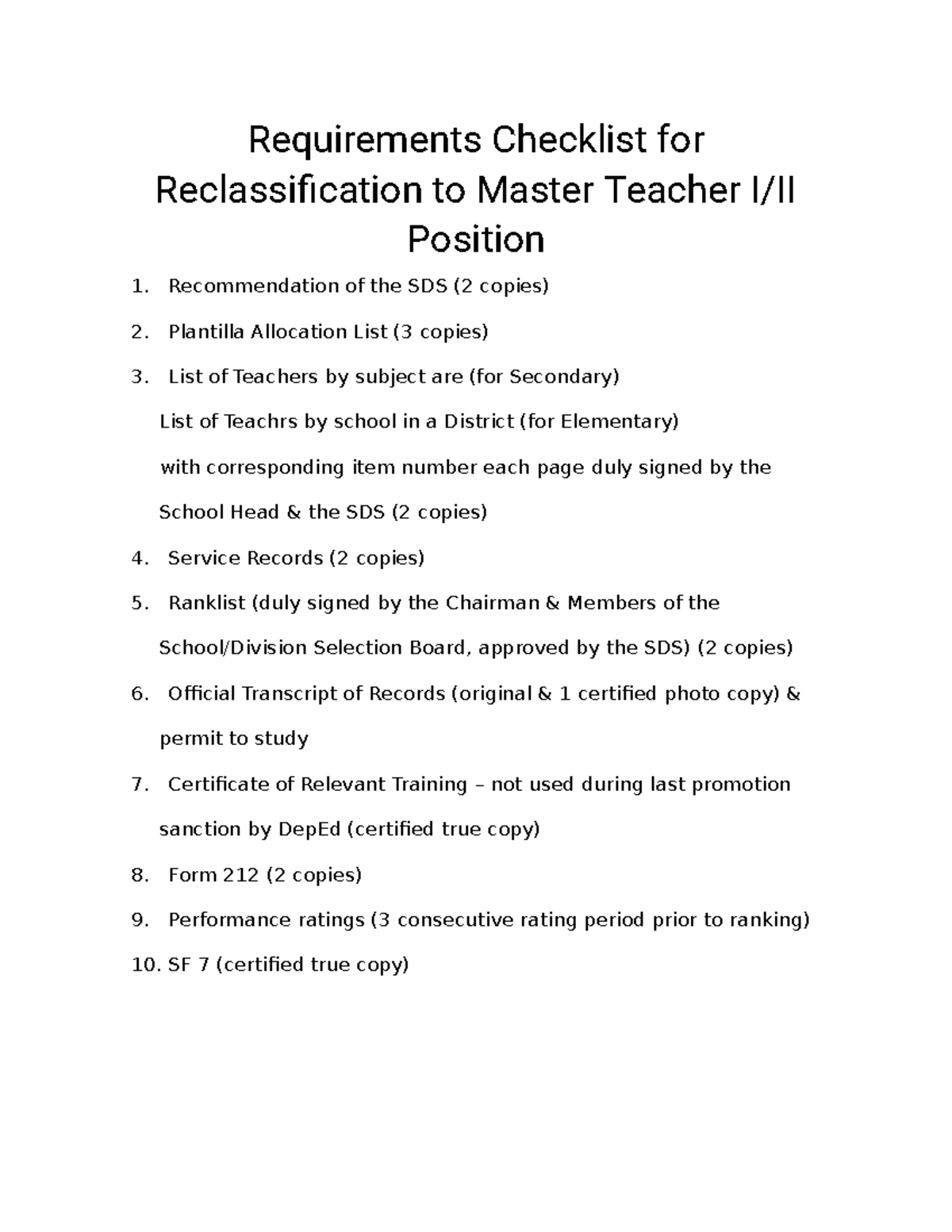 Checklist for Reclassification to Master Teacher I/II Requirements ...