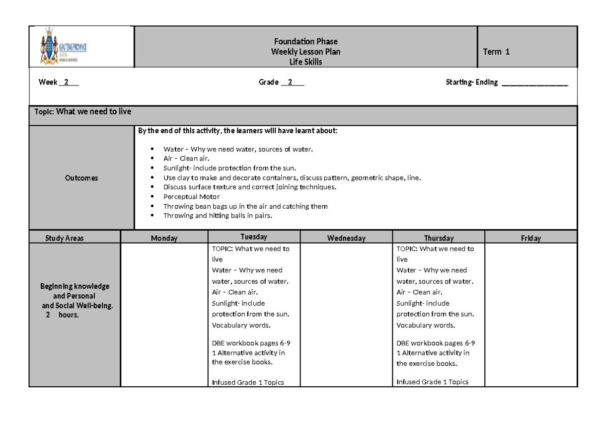 RDF2601 Term 1 Week 2 Lesson Plan: Life Skills & Activities - Studocu