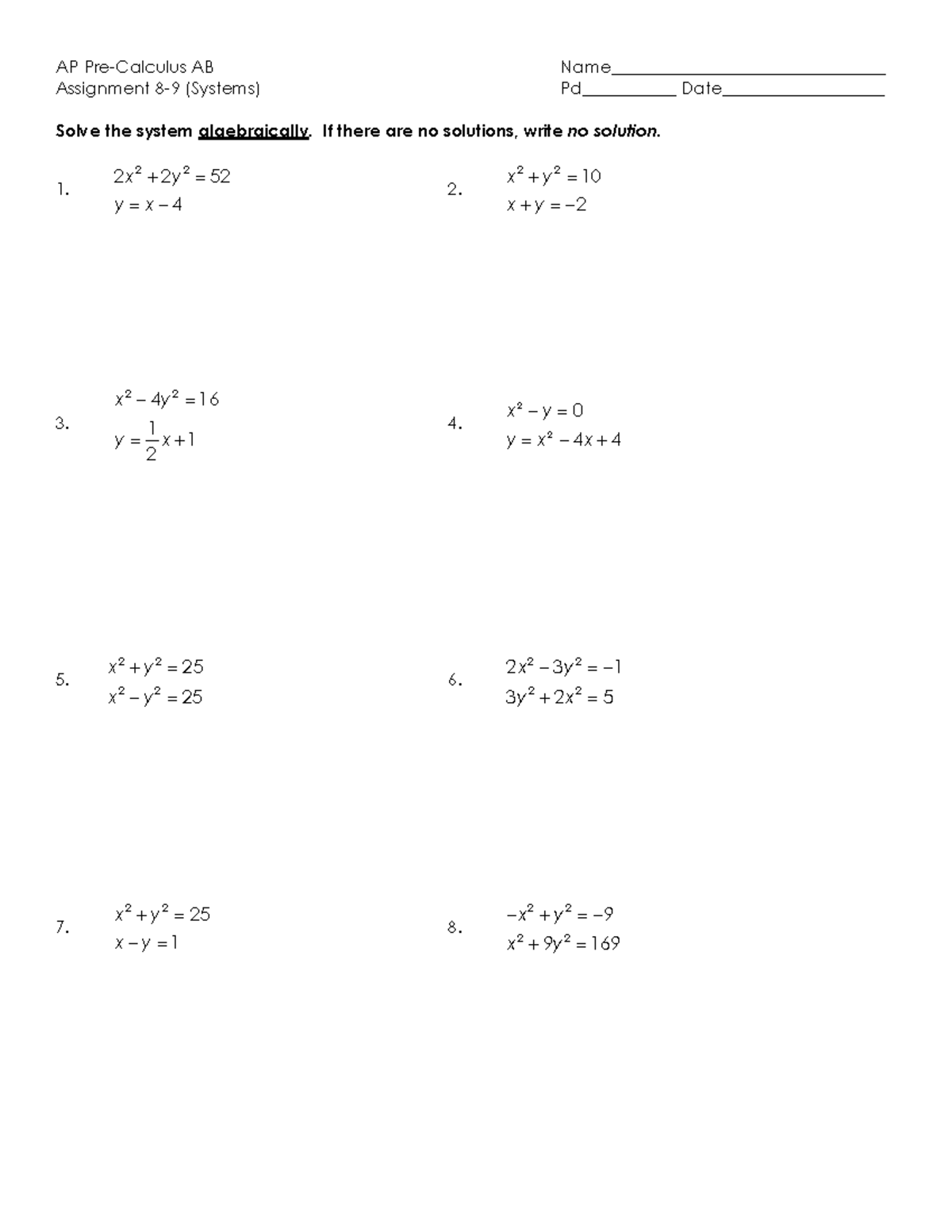 AP Pre-Calculus AB Assignment 8-9: Solving Systems Algebraically - Studocu