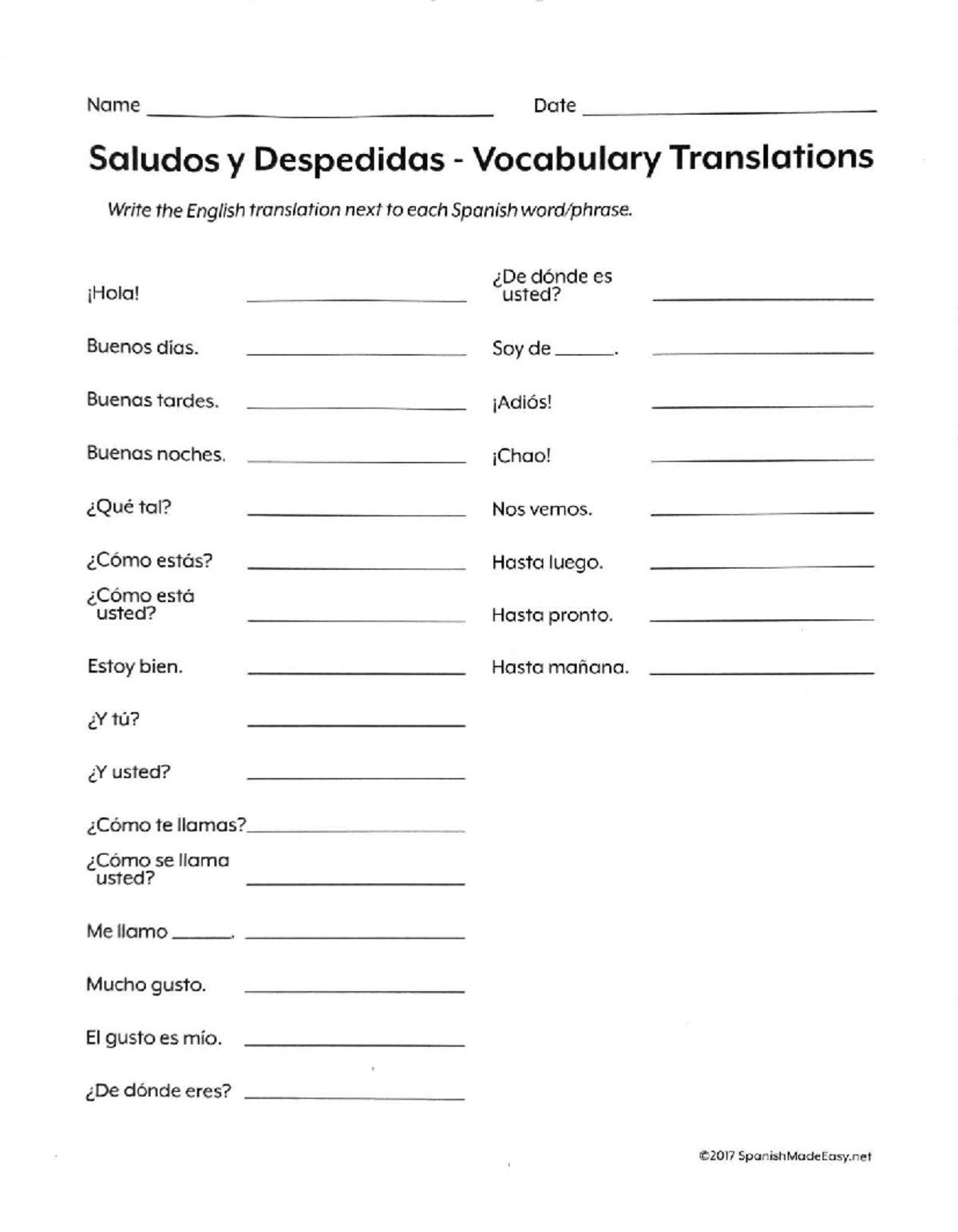 Saludos y Despedidas - Vocabulary Translation Worksheet - Studocu