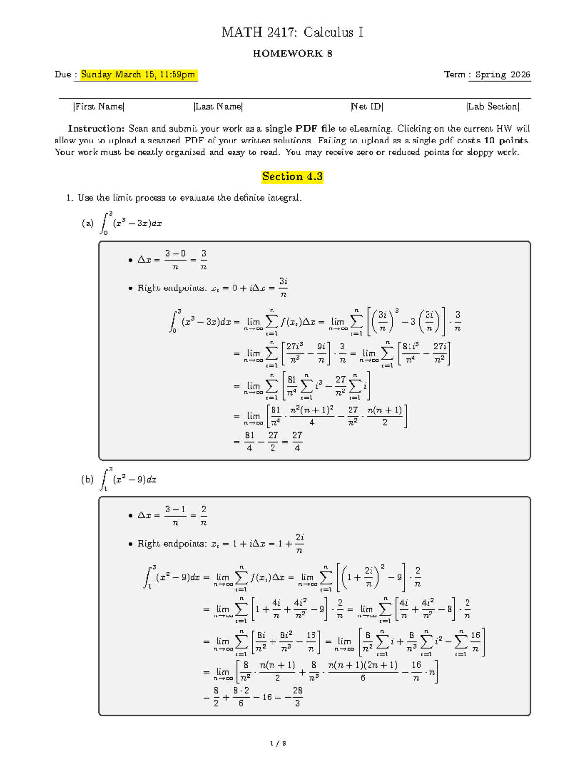MATH 2417: Calculus I - Homework 8 Solutions and Practice - Studocu