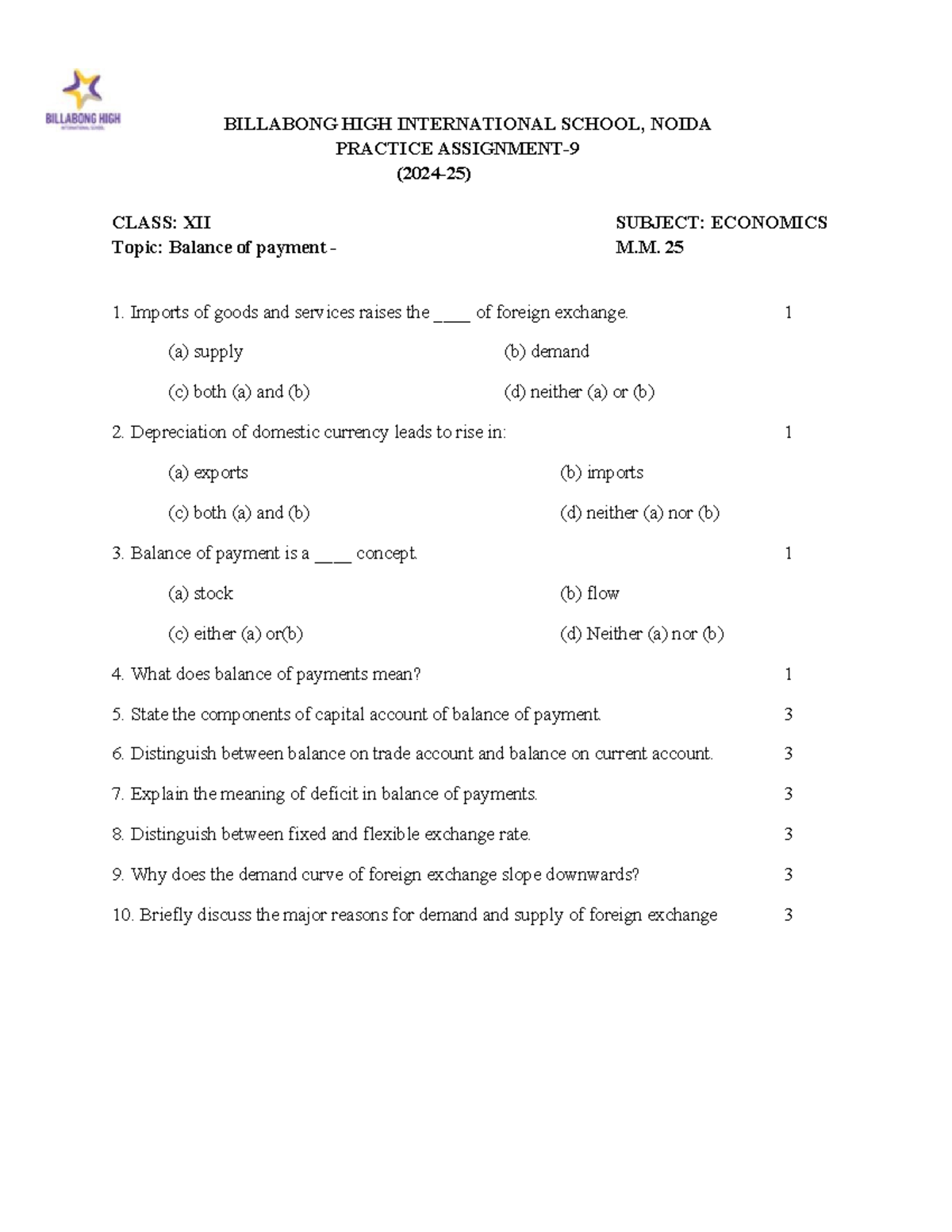 Economics Class XII: Balance of Payment Practice Worksheet - Studocu