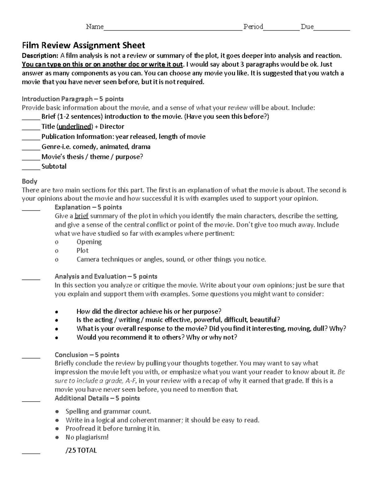 FILM 101 - Film Review Assignment Rubric and Guidelines - Studocu