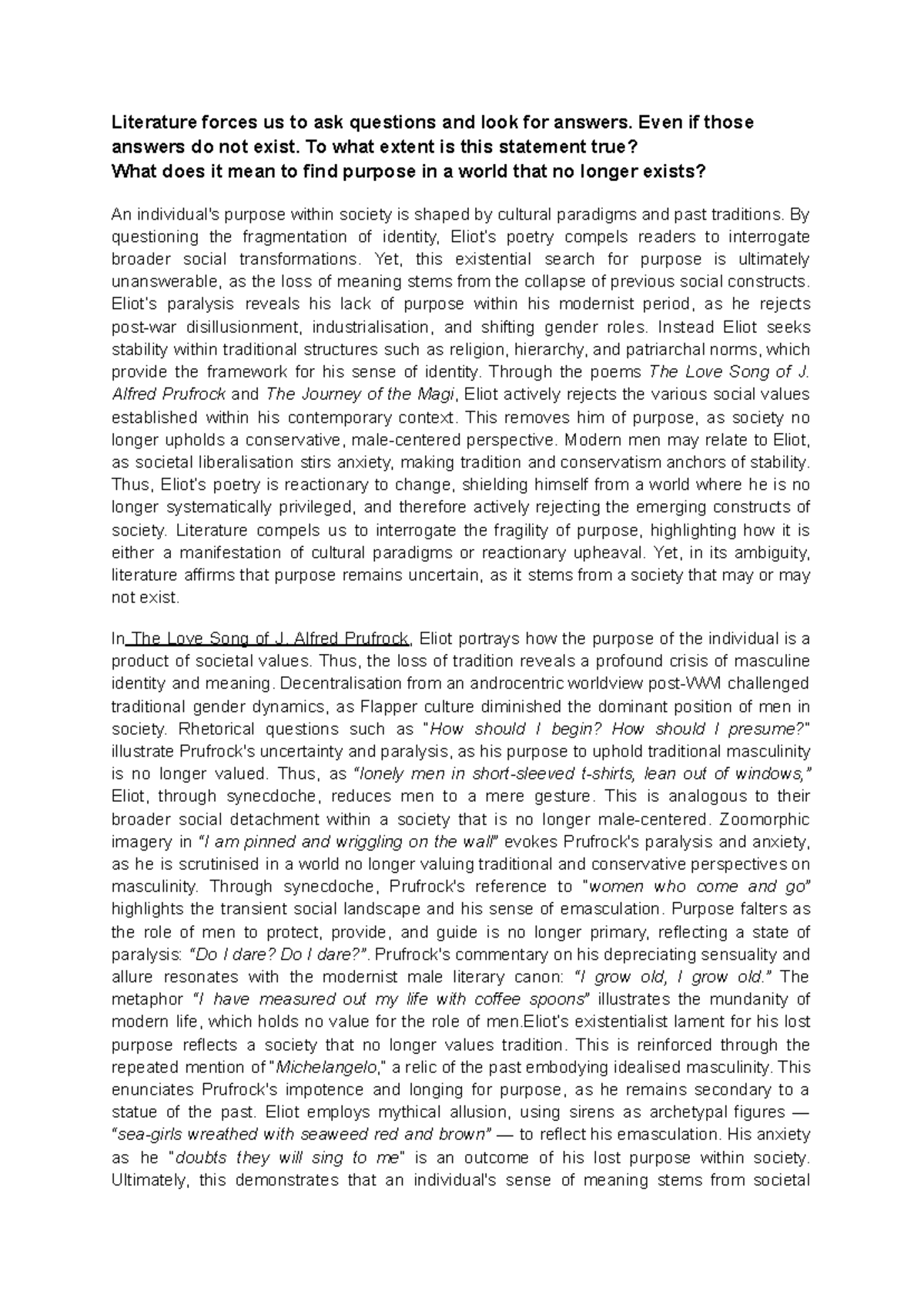 MOD B Essay - Exploring Purpose in Eliot's Poetry - Studocu