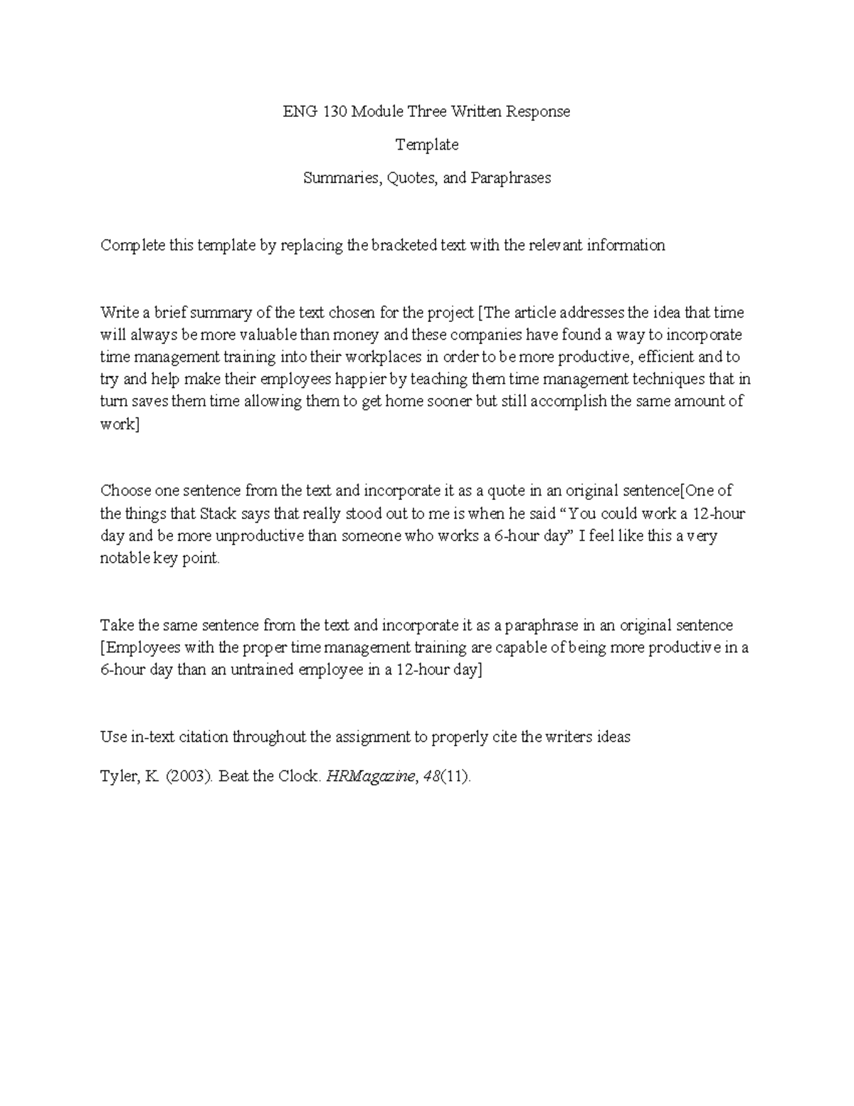 ENG 130 Module 3 Written Response Template for Time Management - Studocu