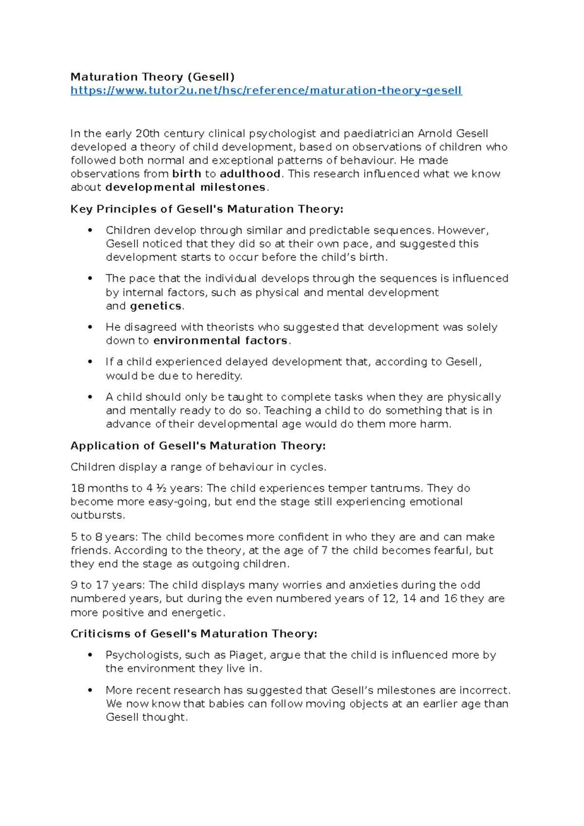 Maturation Theory Gesell - Maturation Theory (Gesell) tutor2u/hsc ...