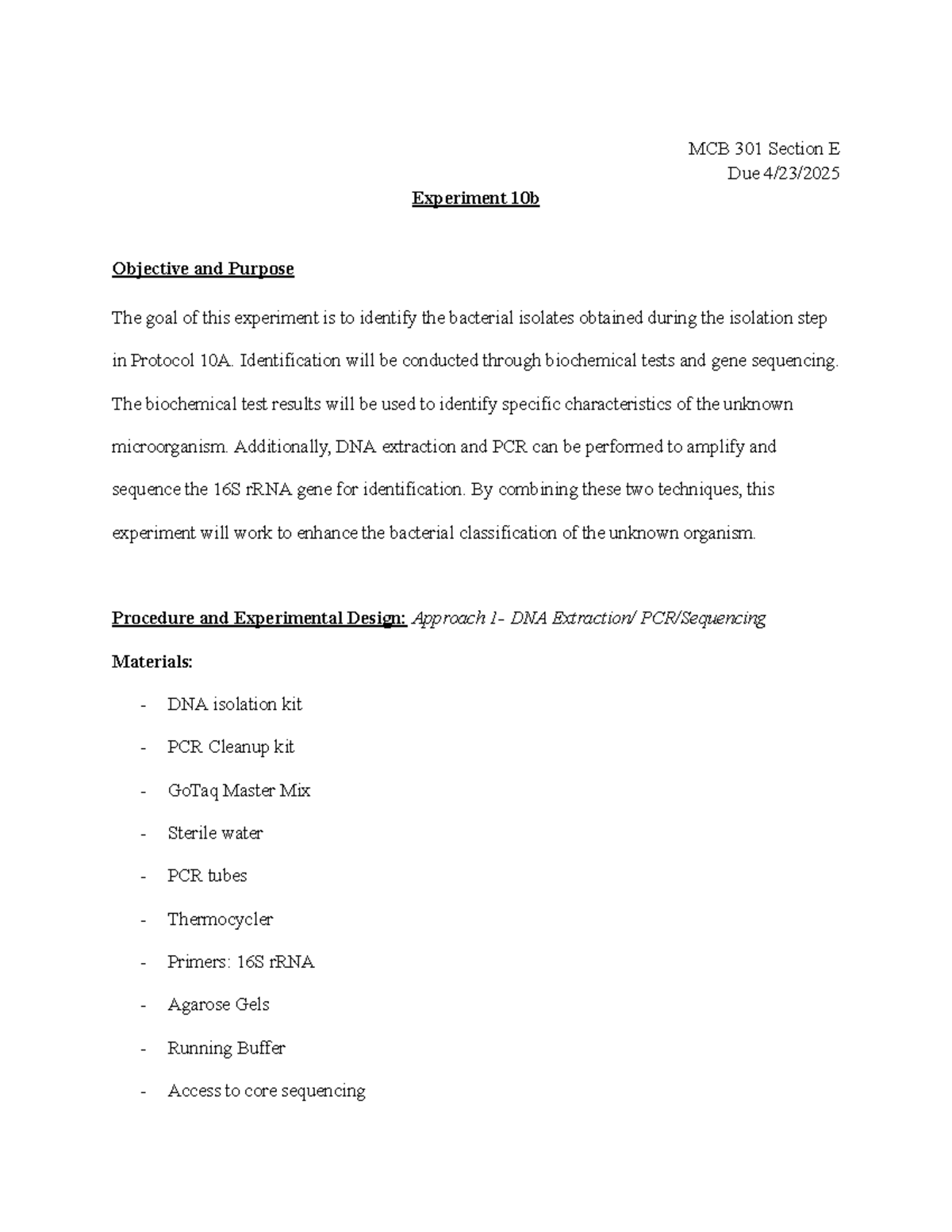 MCB 301 Experiment 10b: Identification of Bacterial Isolates Results ...