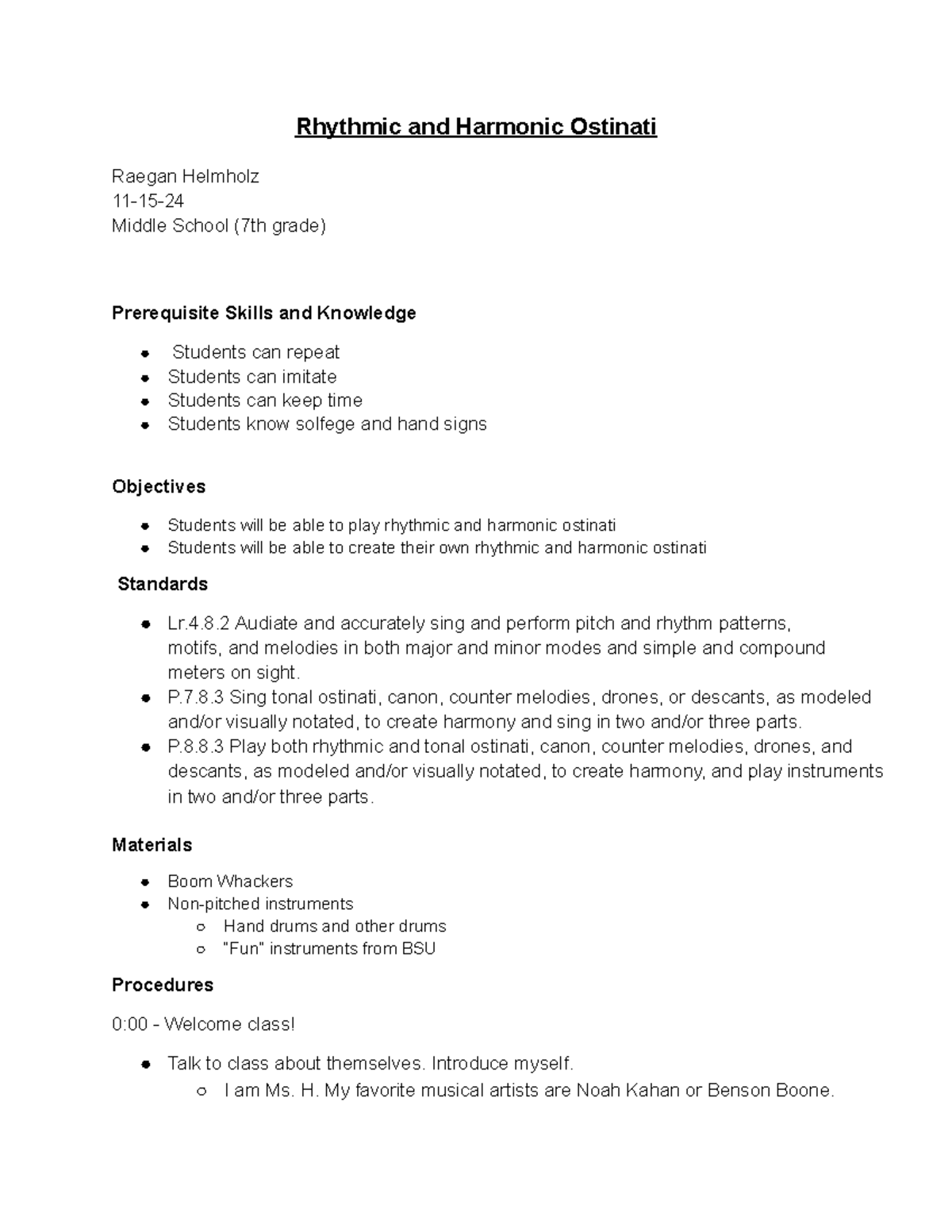 Secondary Lesson plans - Rhythmic and Harmonic Ostinati Raegan Helmholz ...