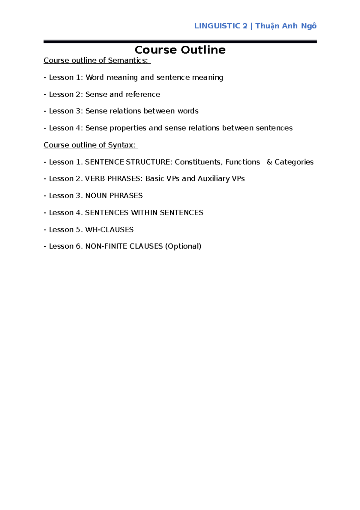 Linguistics 101: Course Outline for Semantics and Syntax Lessons - Studocu