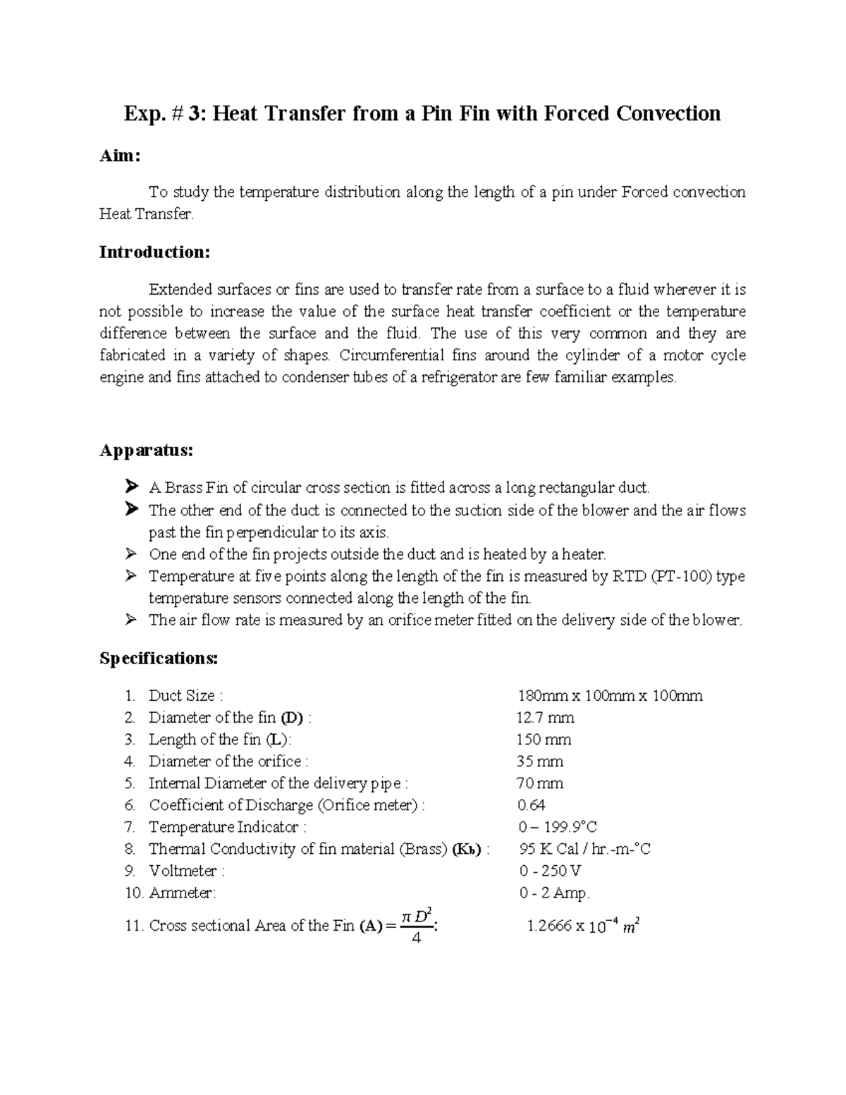 Exp. 3: Heat Transfer Analysis of Pin Fin in Forced Convection - Studocu
