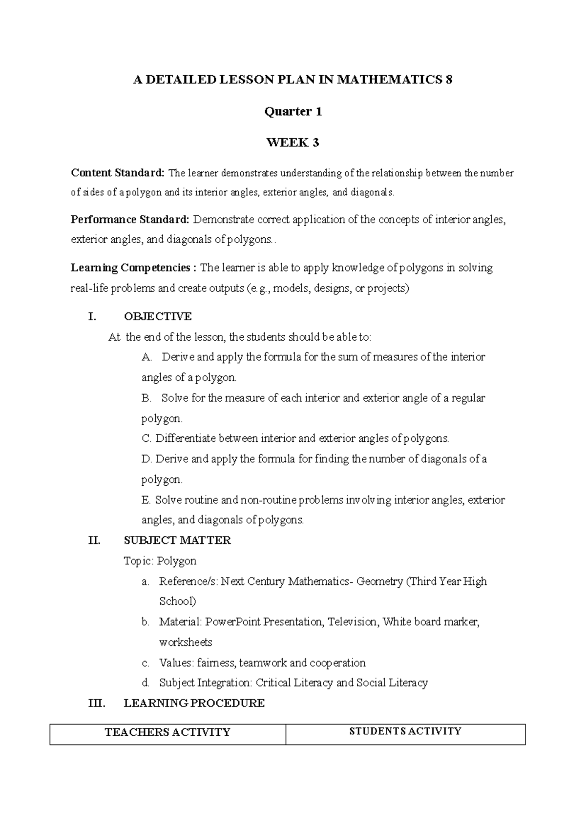 Mathematics 8 Lesson Plan: Polygons & Their Angles (Quarter 1, Week 3 ...