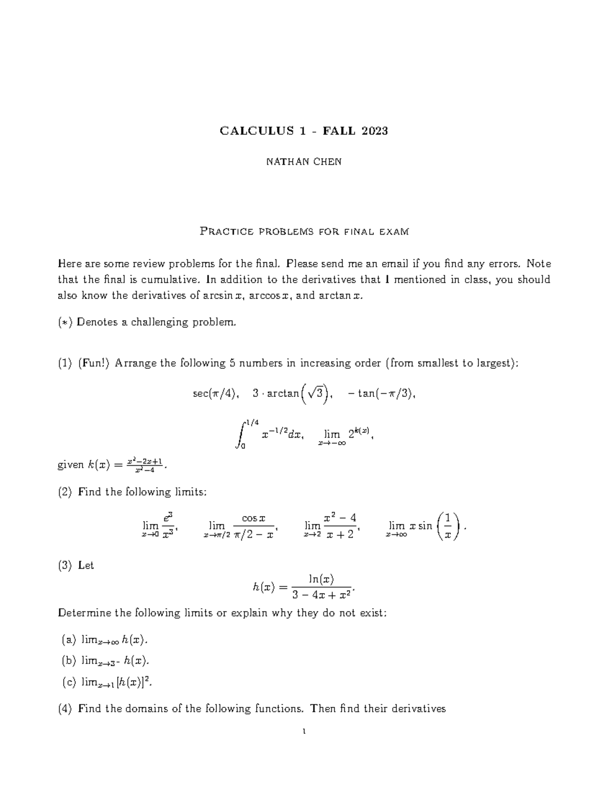 Calculus 1 - Fall 2023 Final Exam Review Practice Problems - Studocu