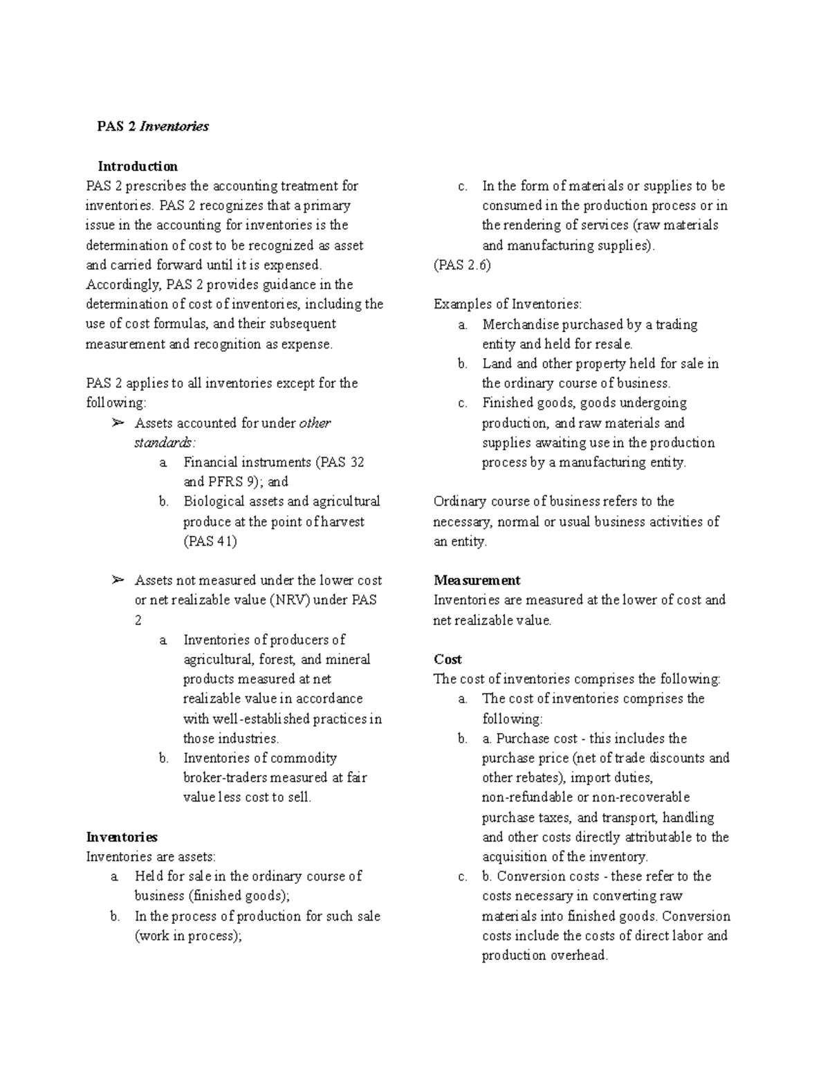 PAS 2 - Philippine Accounting Standards on Inventories Overview - Studocu