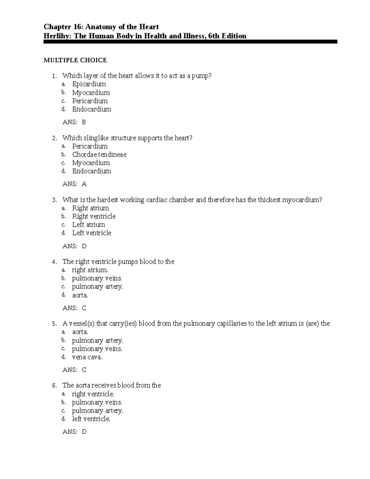 Chapter 16: Heart Anatomy MCQs - Herlihy's Human Body in Health ...