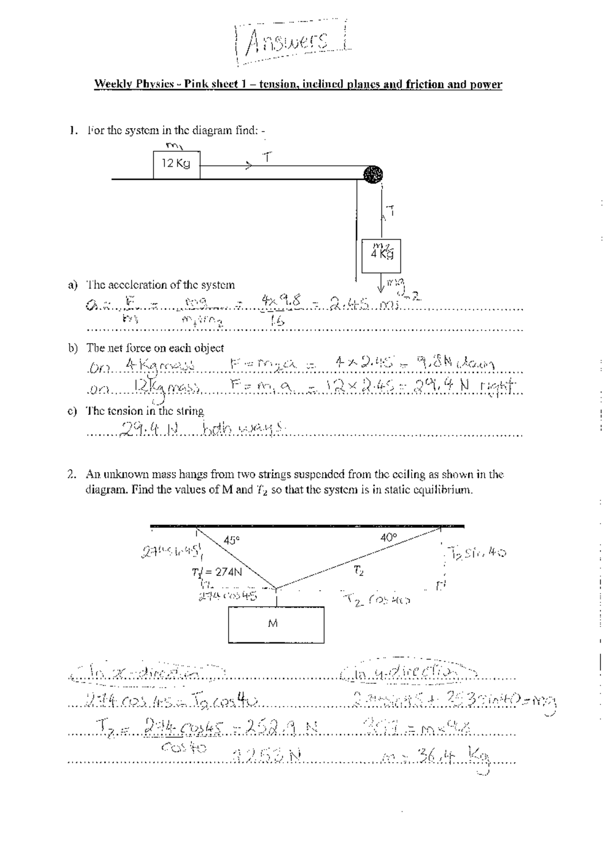 Weekly Physics 1: Tension, Inclined Planes & Friction Q&A - Studocu