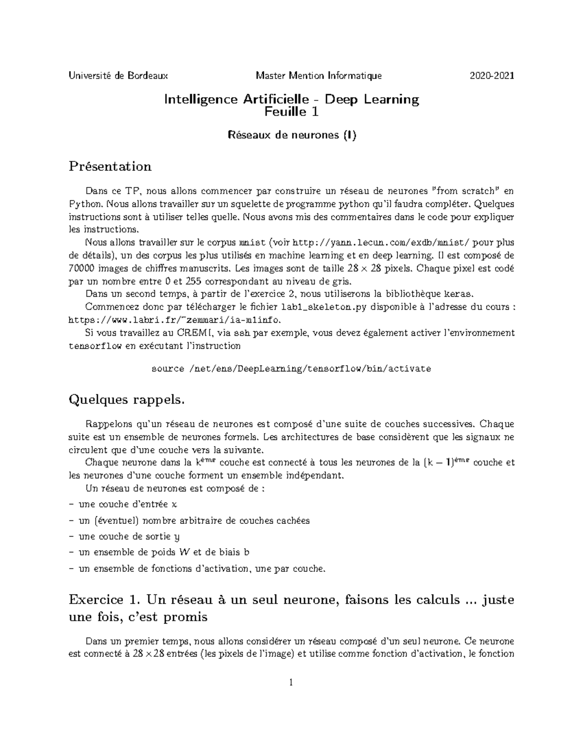 Td01 - TP Réseaux de Neurones et Deep Learning en Python - Studocu