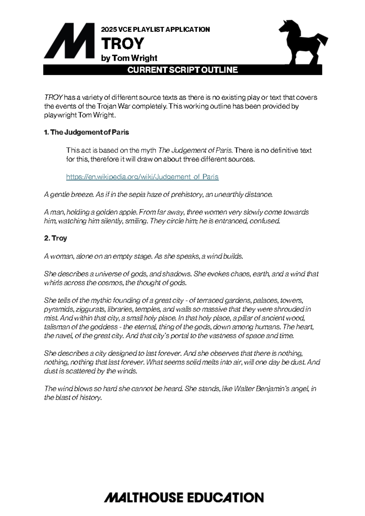TROY25 VCE Play Script Treatment: Outline by Tom Wright - Studocu