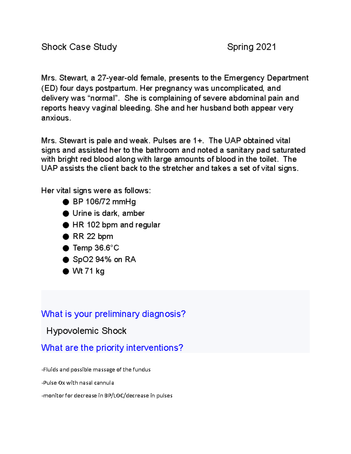 Shock Case Study 1: Hypovolemic Shock in Postpartum Patient - Studocu