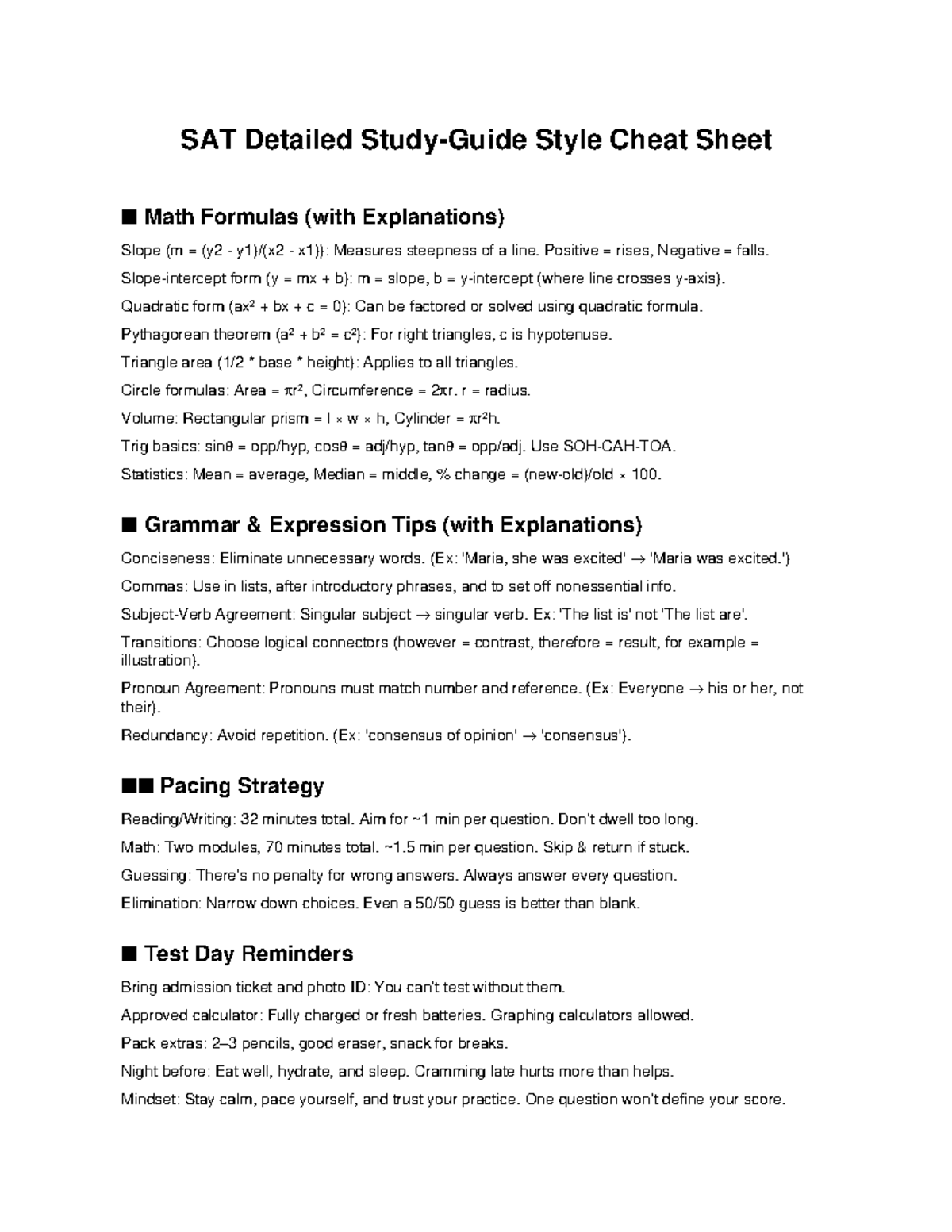 SAT Math & Grammar Cheat Sheet: Formulas & Tips for Success - Studocu