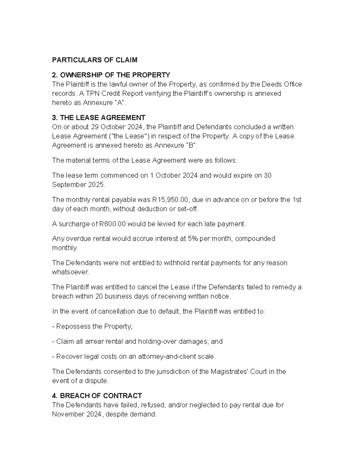 Particulars of Claim: Ownership, Lease Agreement & Breach Details - Studocu