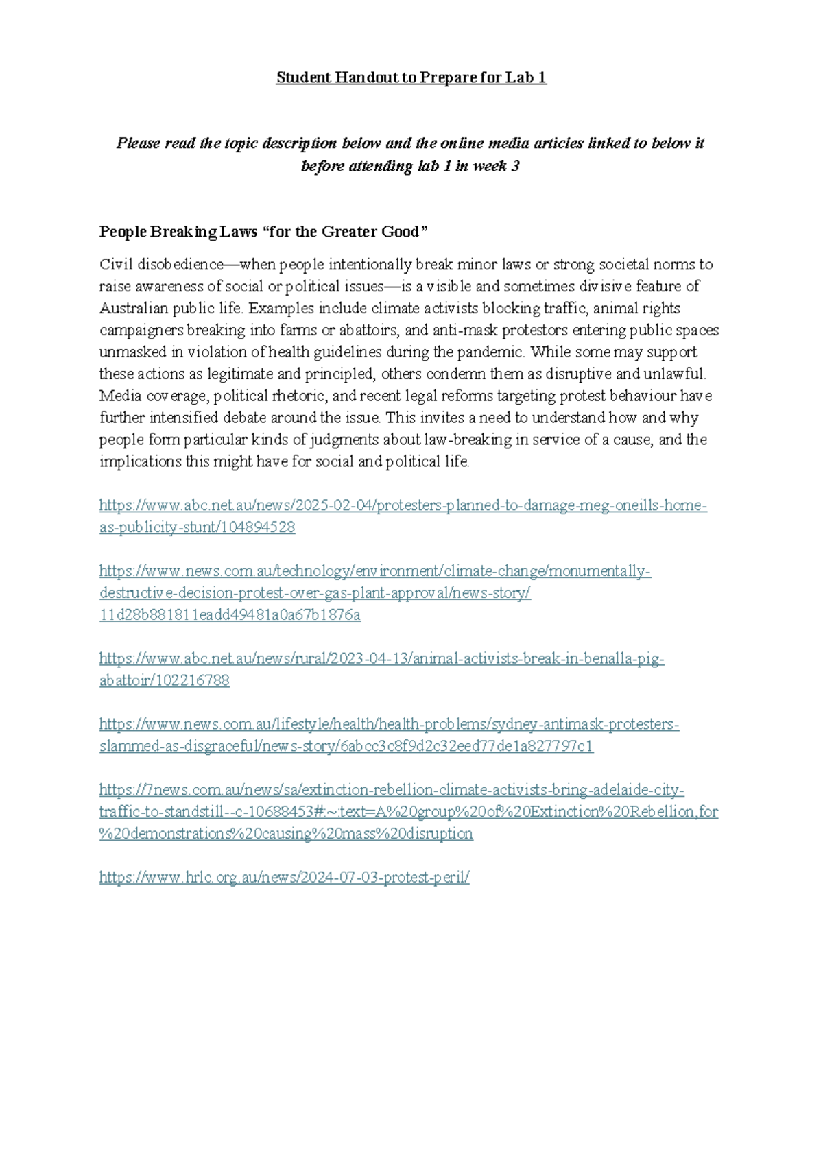 Lab 1 Prep: Understanding Civil Disobedience in Australia - Studocu