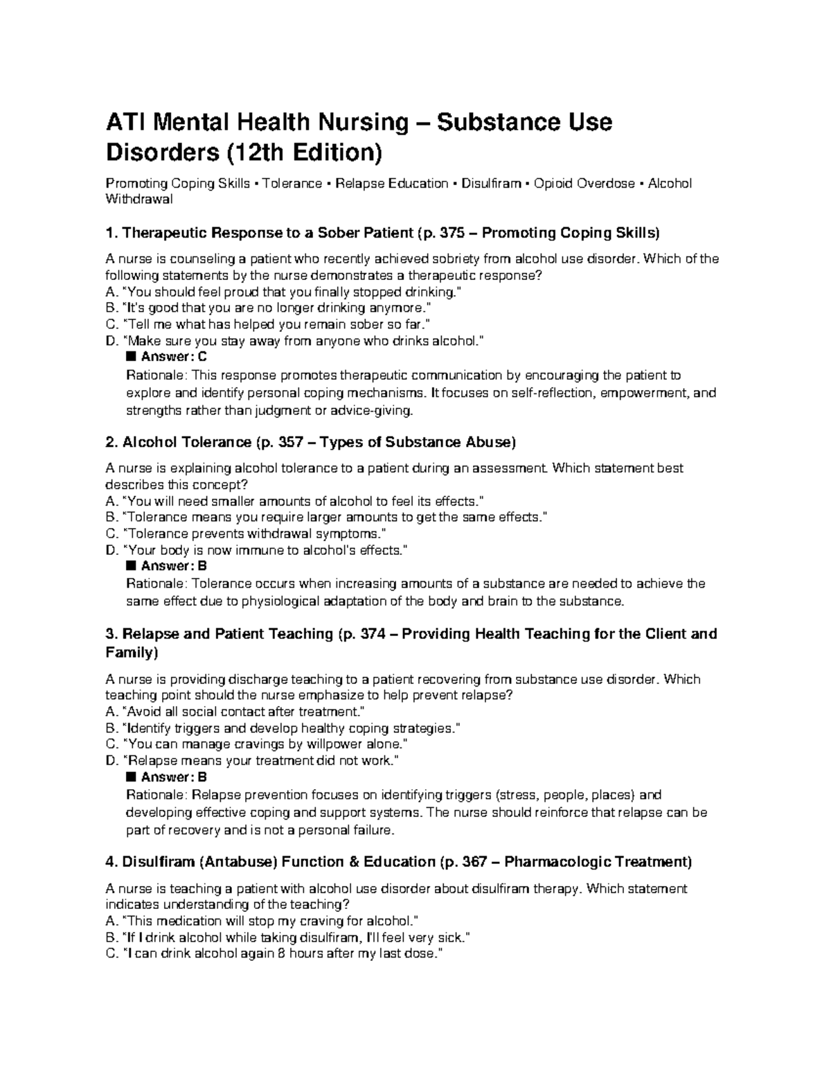 ATI Mental Health Nursing: Substance Use Disorders Quiz & Rationales ...