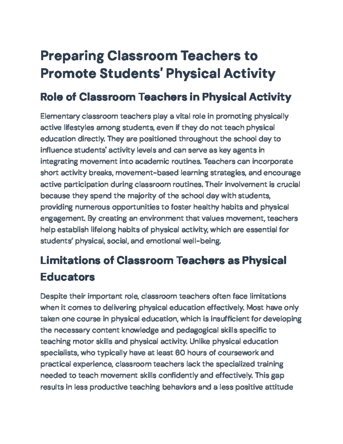 Preparing Classroom Teachers to Enhance Physical Activity in Schools ...