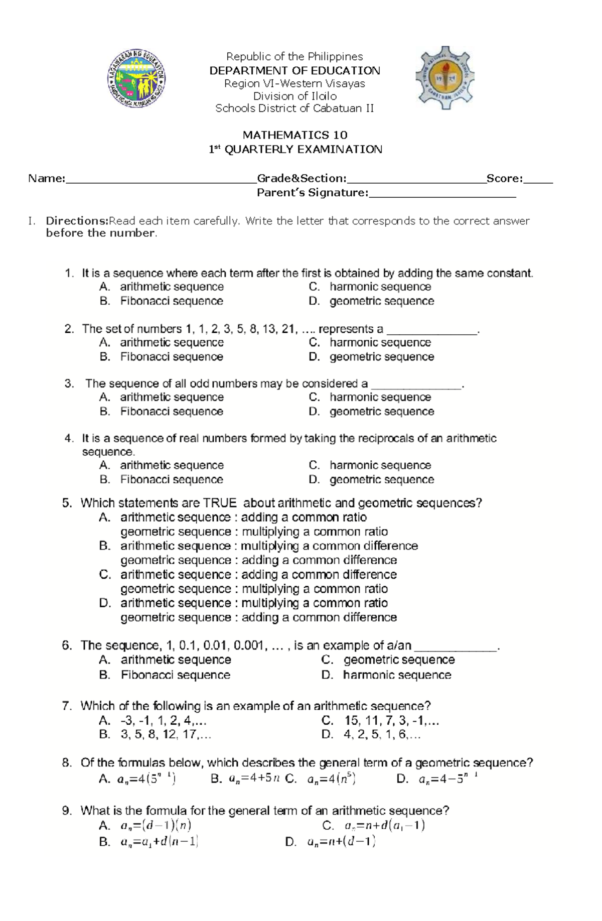 1 Stqemath 10SY2025 - Assessment - Republic of the Philippines ...
