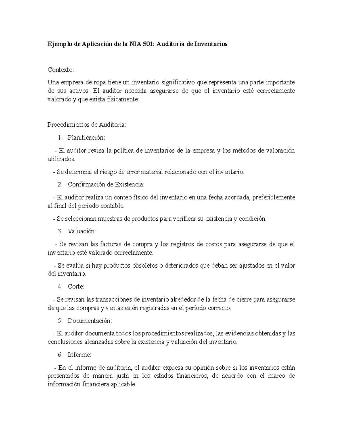Ejemplo de Aplicación de la NIA 501: Auditoría de Inventarios y ...