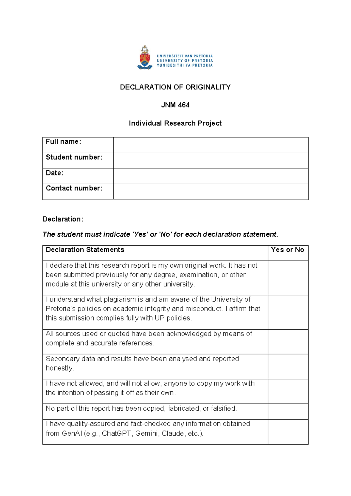 JNM 464 Declaration of Originality for Research Project - Studocu