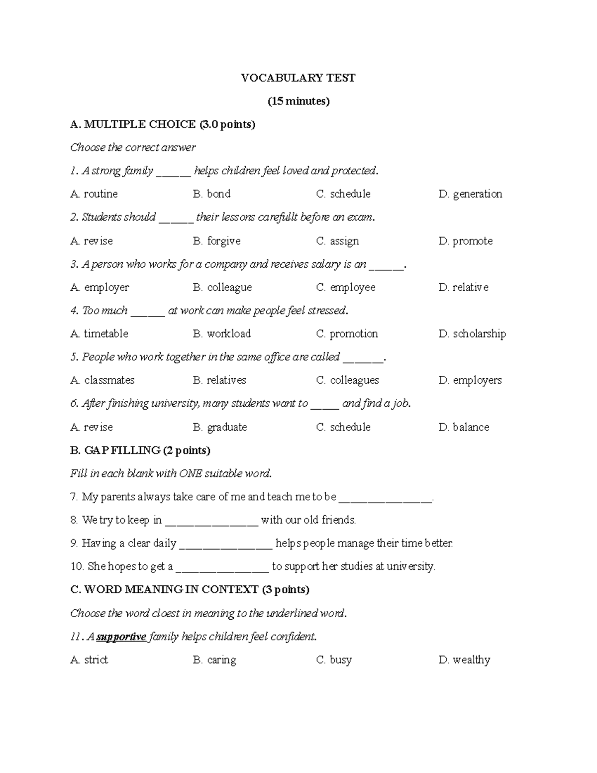 Vocabulary Test (15 min) - MCQ, Gap Filling & Reading Comp. - Studocu