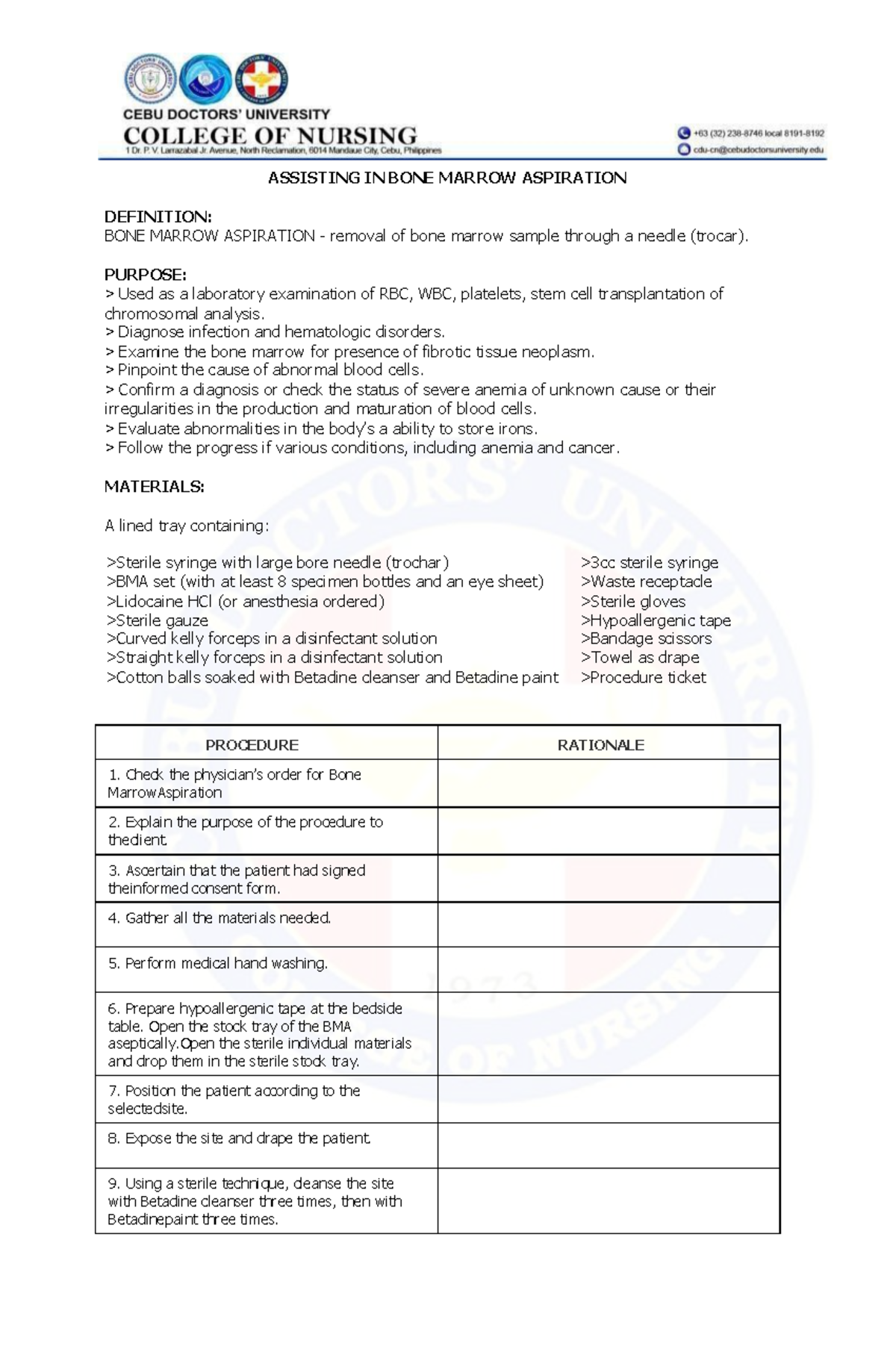 Assisting in Bone Marrow Aspiration (BMA) Procedure Guide - Studocu