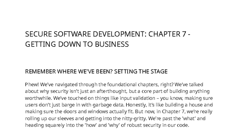 Secure Coding Chapter 7 Review - SECURE SOFTWARE DEVELOPMENT: CHAPTER 7 - GETTING DOWN TO ...