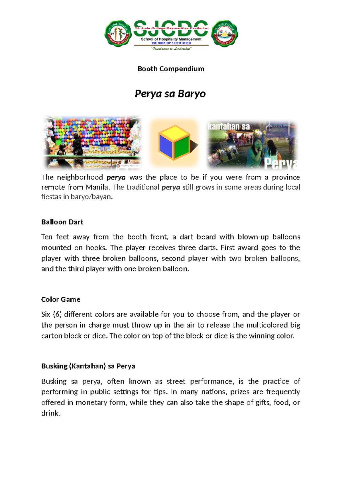 Booth Compendium: Highlights of Perya Games and Attractions - Studocu