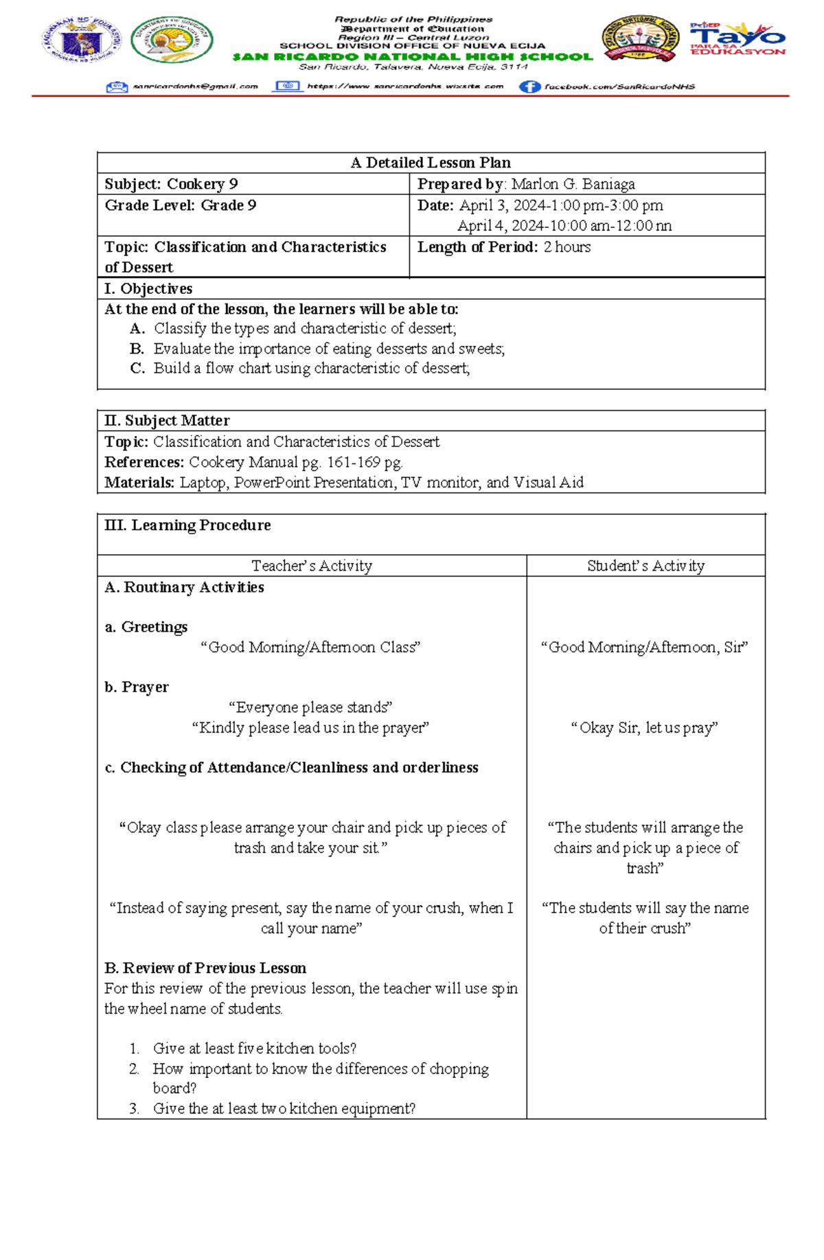 T.L.E. Cookery 9: Detailed Lesson Plan on Dessert Classification - Studocu