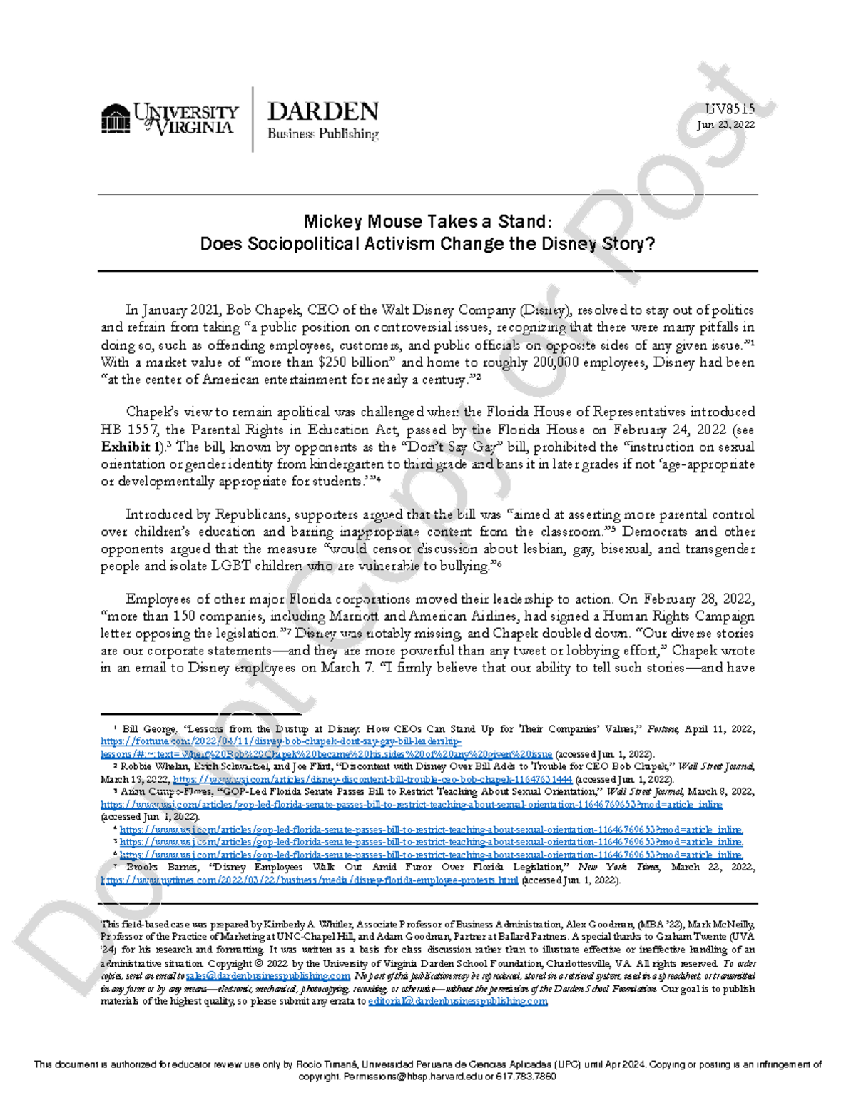 UV8515 Case Study: Disney's Response to Sociopolitical Activism - Studocu