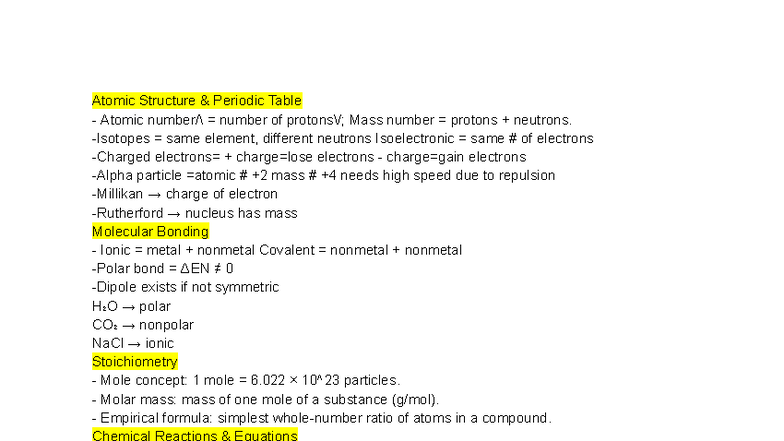 Chemistry Cheat Sheet: Atomic Structure, Bonding & Reactions - Studocu