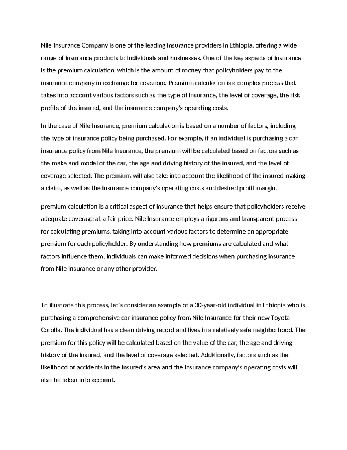 Nile Insurance Premium Calculation Insights and Methodology - Studocu