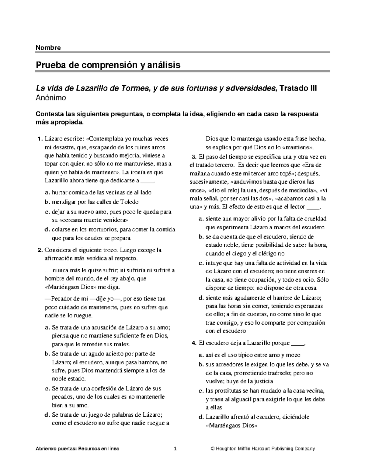Lazarillo de Tormes: Comprensión y Análisis (Tratado III) - Studocu