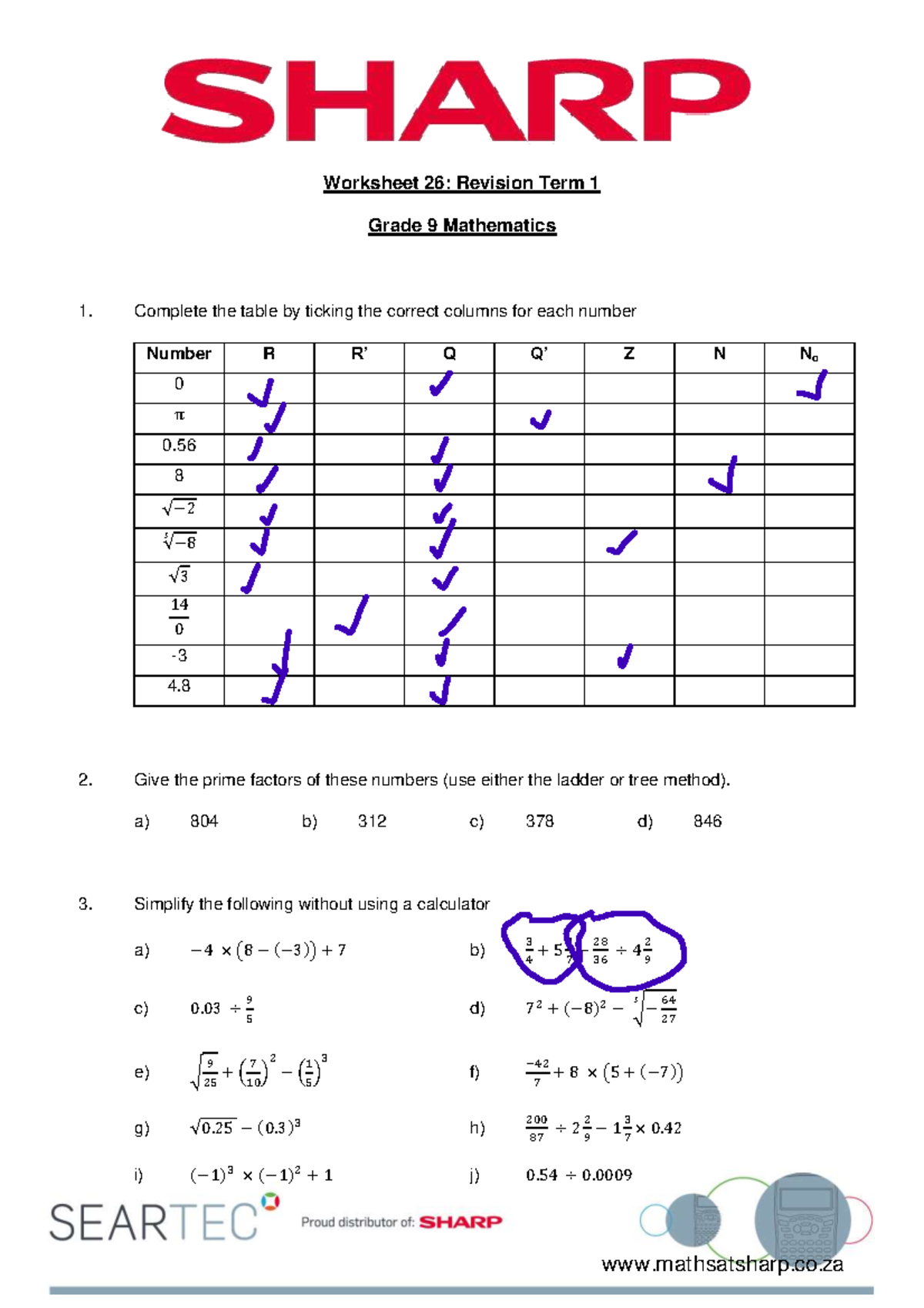 Grade 9 Maths Revision Worksheet for Term 1 - Studocu