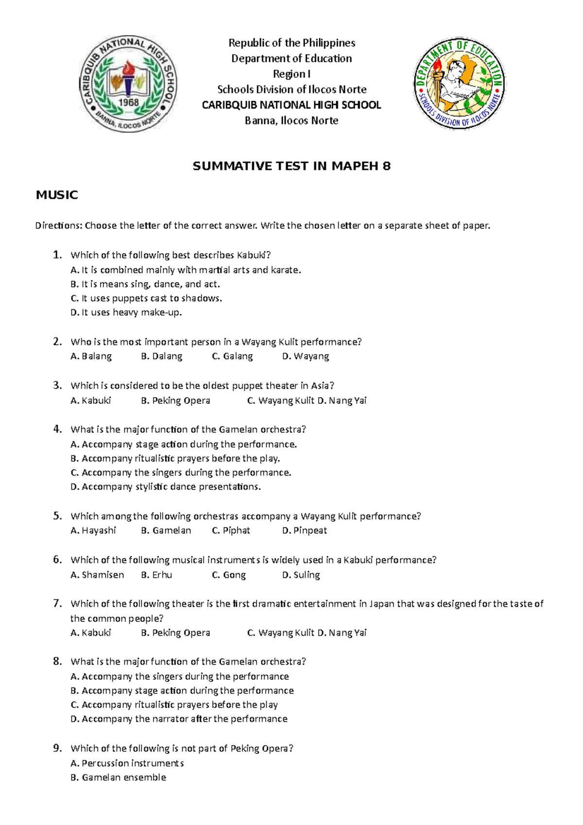 Summative test in grade 8 - Republic of the Philippines Department of ...