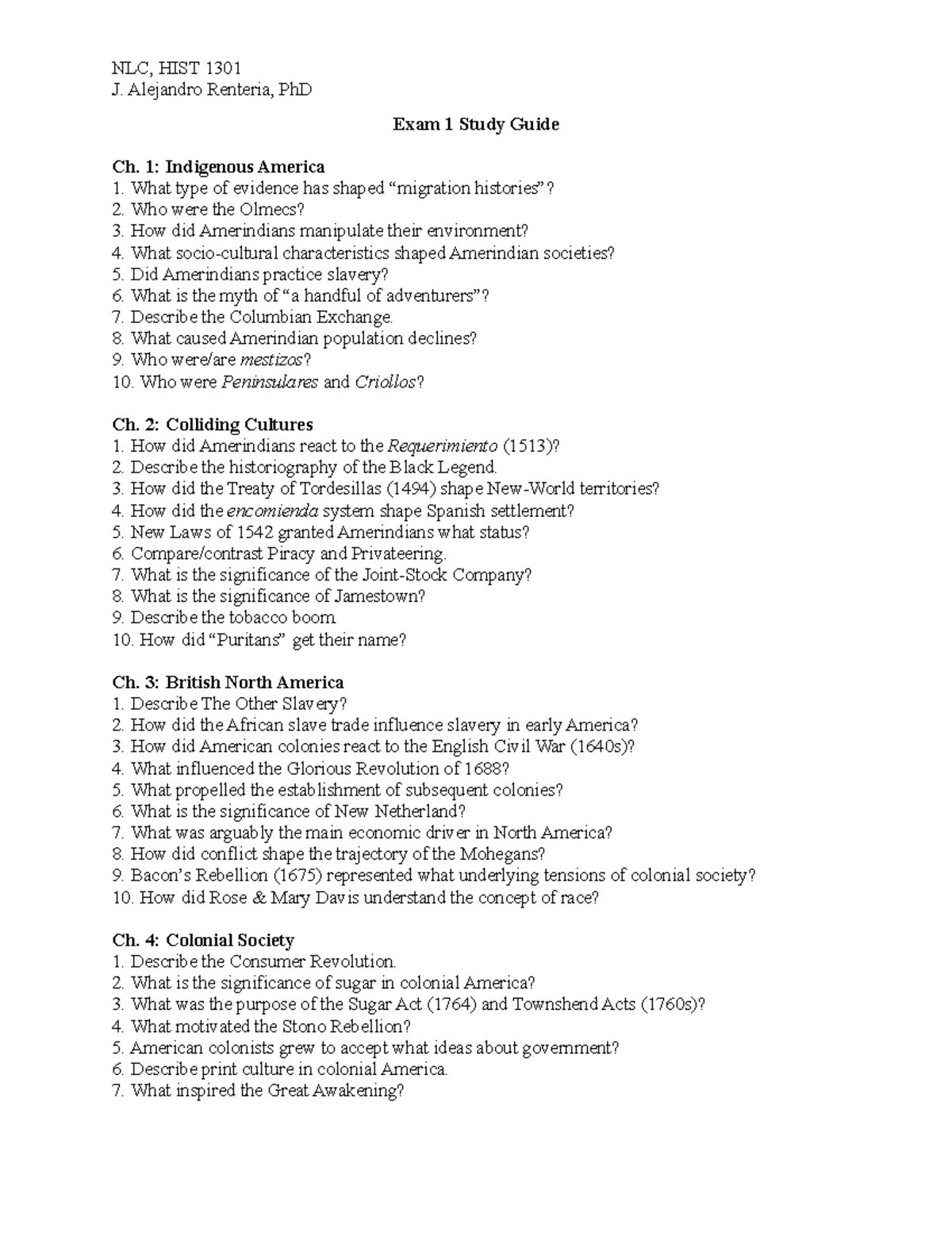 HIST 1301 Exam 1 Study Guide: Indigenous America to Colonial Society ...