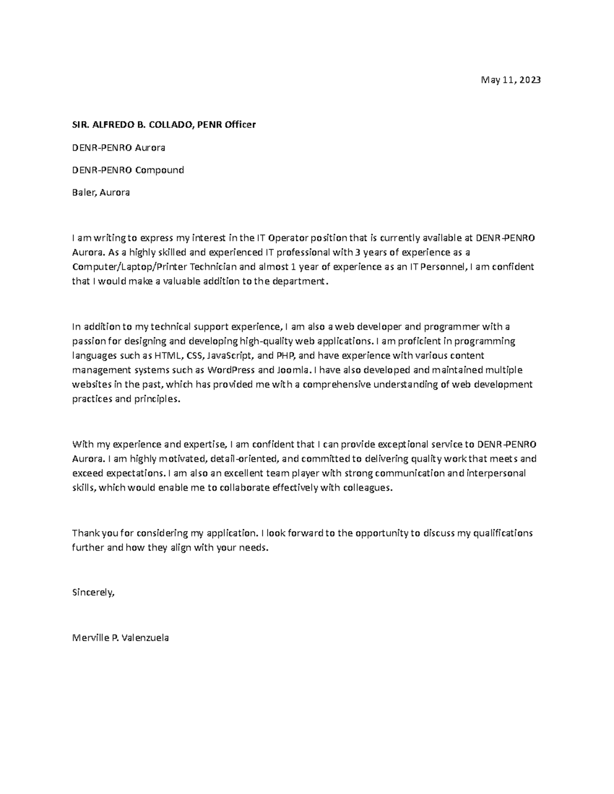 Application Letter for IT Operator Position at DENR-PENRO Aurora - Studocu