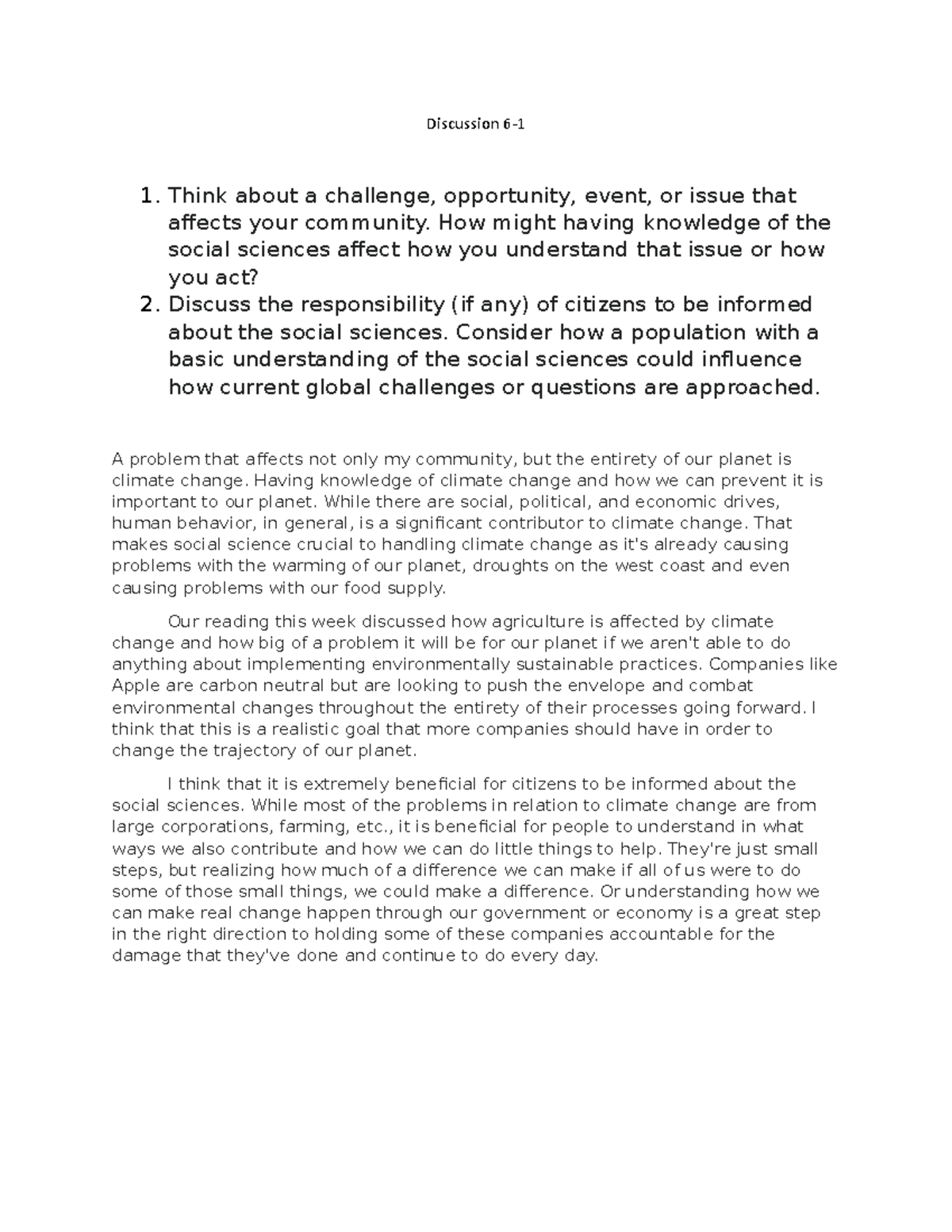 Social Science Discussion 6-1: Climate Change and Community Awareness ...