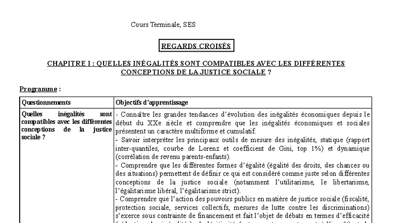 Cours Terminale, SES - Chapitre I : Inégalités et Justice Sociale - Studocu